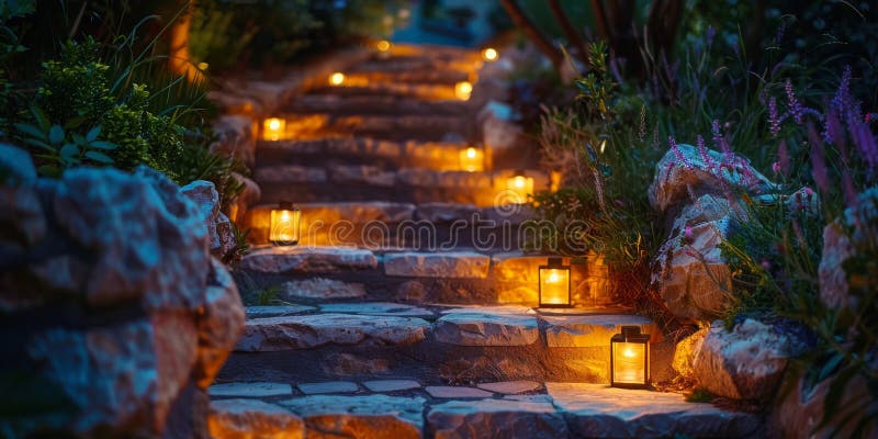 Illuminated Steps with Lanterns Stock Photo - Image of evening ...