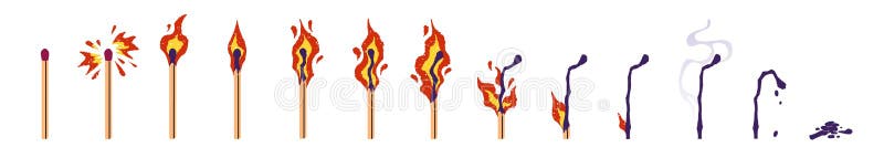 Steps of Burning Matchstick Set. Lightning of Matches with Fire, Sparks ...