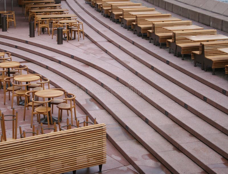 Steps between the Cafe Seats Stock Photo - Image of wooden, morning ...