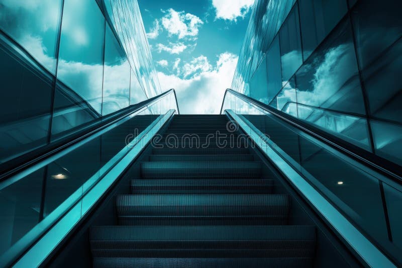 Steps Lead Upward with Reflections of Sky in Modern Architecture during ...