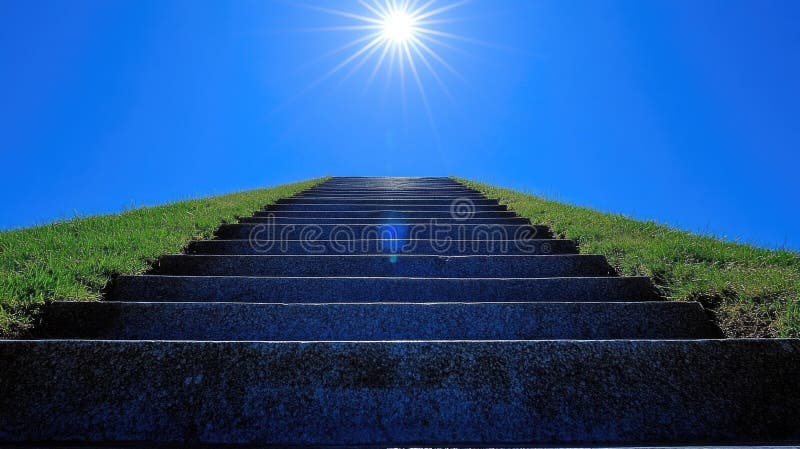 Steps Leading To Bright Sun: Blue Sky and Green Grass Pathway Stock ...