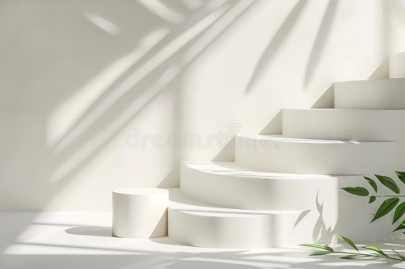 Steps-like White Podiums with Green Leaves and Soft Lighting Stock ...