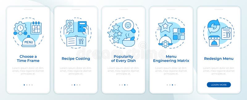 Steps of Menu Engineering Blue Onboarding Mobile App Screen Stock ...