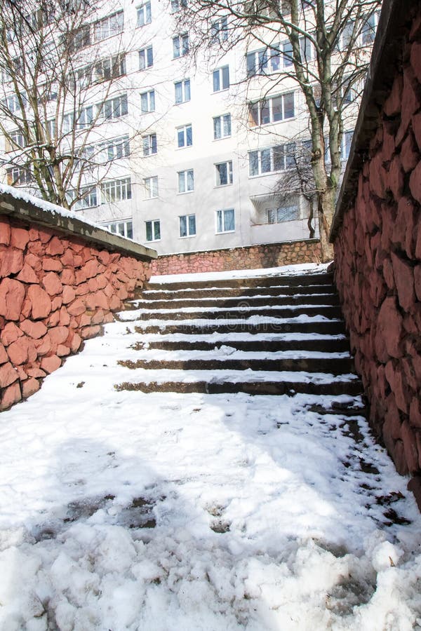 Steps at a Tall House in the Snow Stock Photo - Image of neoclassical ...