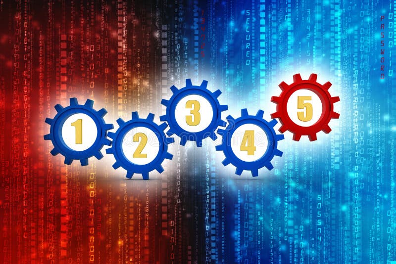 Steps 1 To 5 Numbers Gears Process System Procedure. 3d Render Stock ...