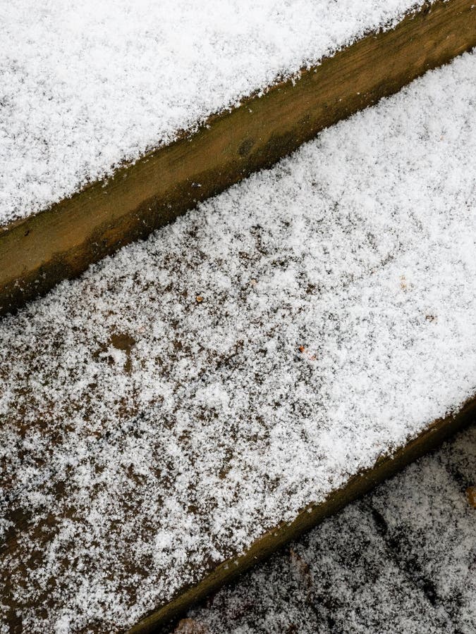 Steps on Wooden Deck Covered in Snow in Winter Stock Photo - Image of ...
