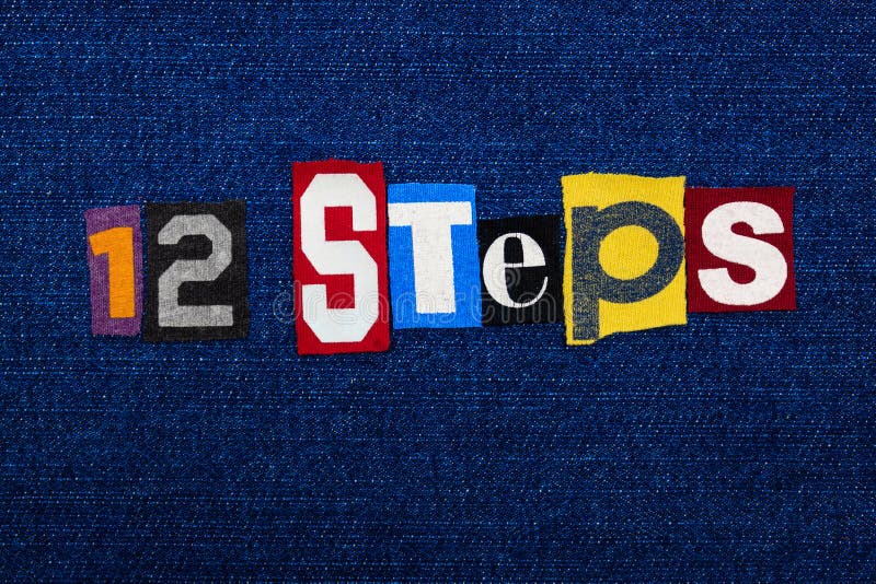 12 STEPS Word Text Collage, Multi Colored Fabric on Blue Denim ...