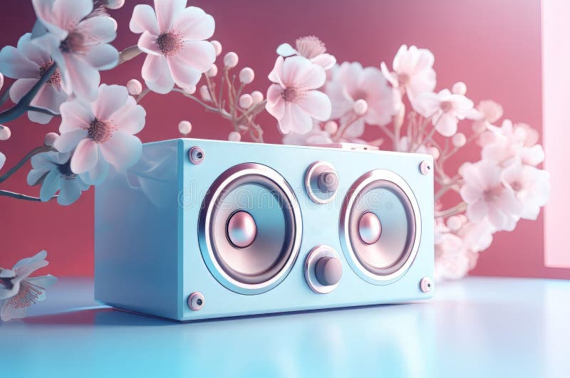 Stereo Surrounded Speaker with Pink Flowers. Generate Ai Stock Photo ...