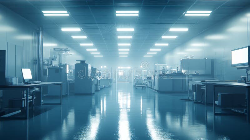 A Sterile, Empty, Blue-toned Laboratory with Equipment and Computers ...