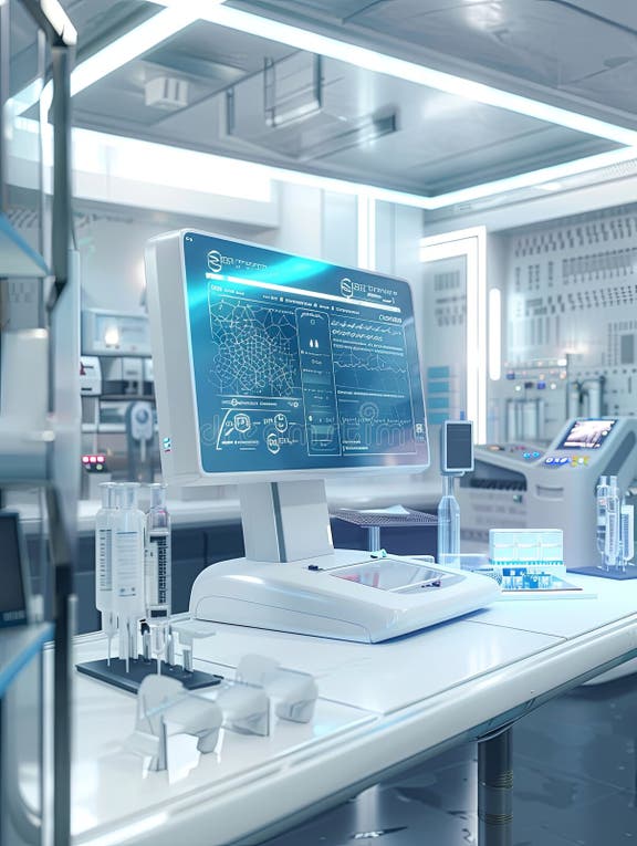 A Sterile, High-tech Medical Laboratory with a Large Screen Displaying ...