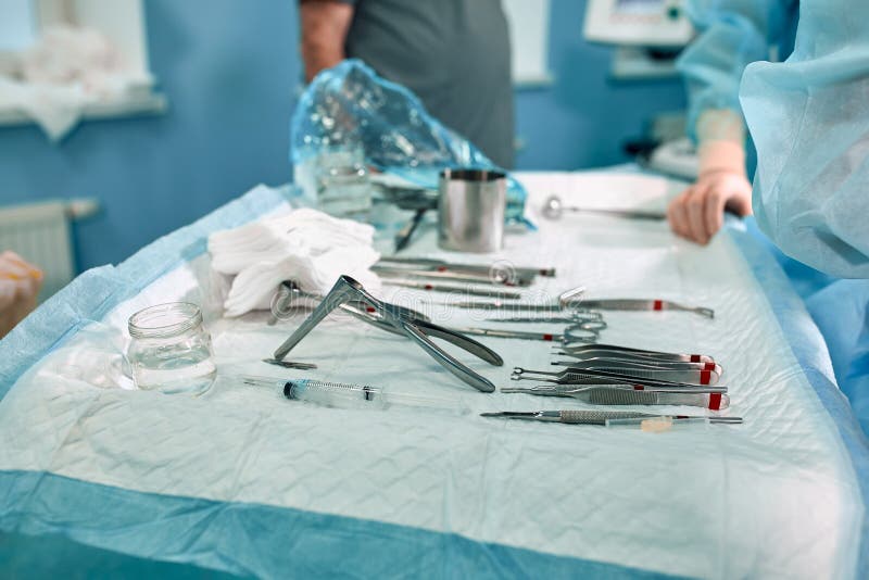 Sterile Instruments on the Operating Table, Blue Light, Real Operating ...