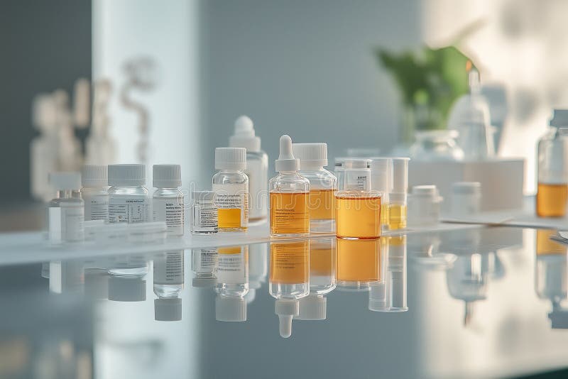 Sterile Lab Showcasing Various Clear Vials Containing Liquid Samples Set on a Reflective Surface ...