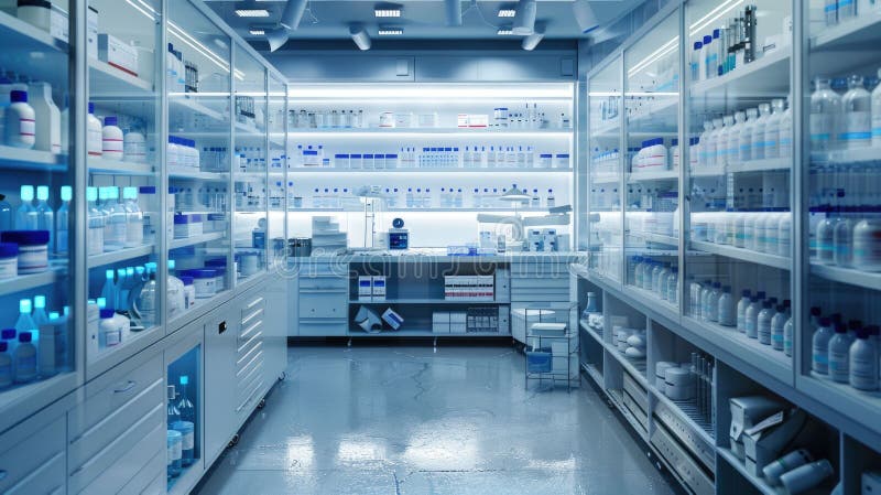 A Sterile Laboratory Interior with Rows of Glass Bottles and Equipment ...