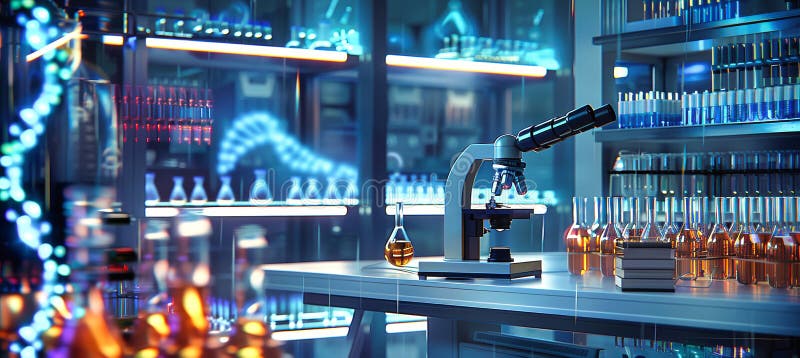 A Sterile Laboratory with a Microscope and Beakers, Illuminated by a ...