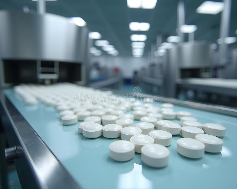 Sterile Pharmaceutical Factory with White Tablets on a Conveyor ...