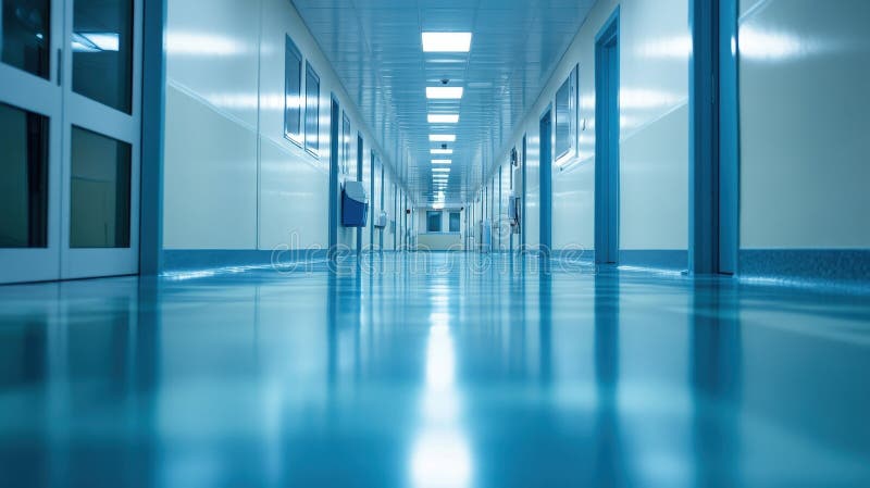 Sterile Serenity Long, Empty Hospital Hallway with Bright Fluorescent ...