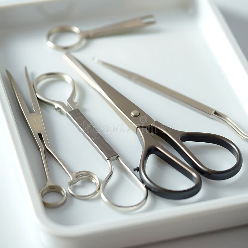 A Sterile Surgical Instrument Tray with Tools Like Scissors and Forceps ...