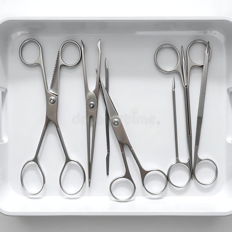A Sterile Surgical Instrument Tray with Tools Like Scissors and Forceps ...