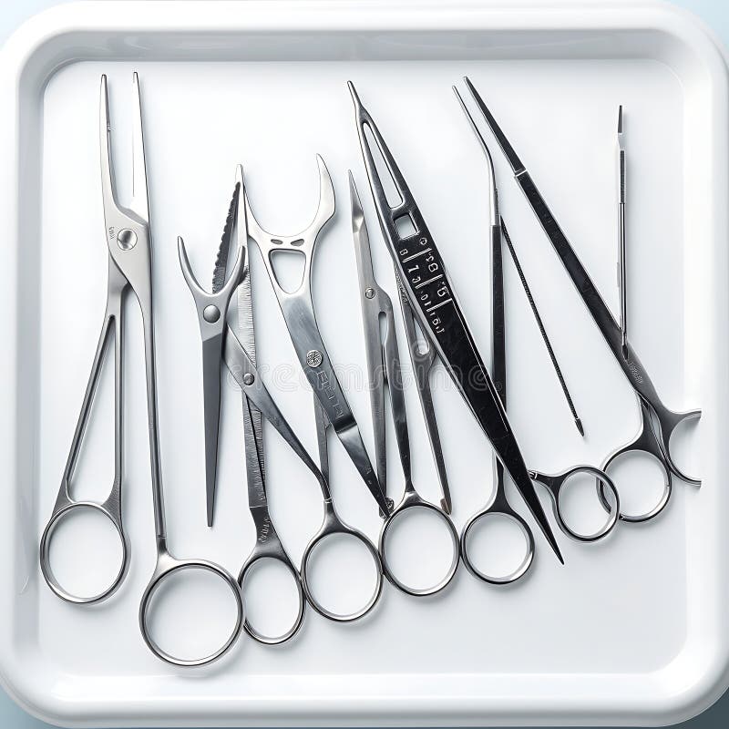 A Sterile Surgical Instrument Tray with Tools Like Scissors and Forceps ...