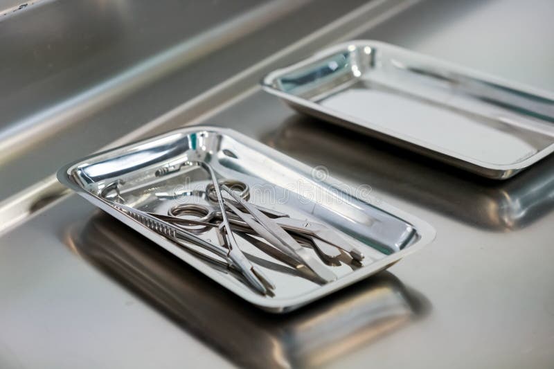 Sterile Surgical Instruments on Metal Tray in Hospital Operating Room ...