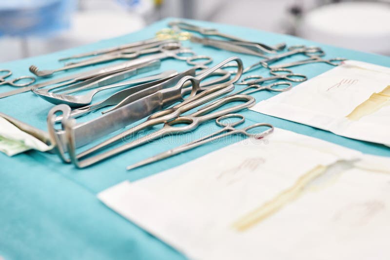 Sterile Surgical Instruments on Metal Tray in Hospital Operating Room ...