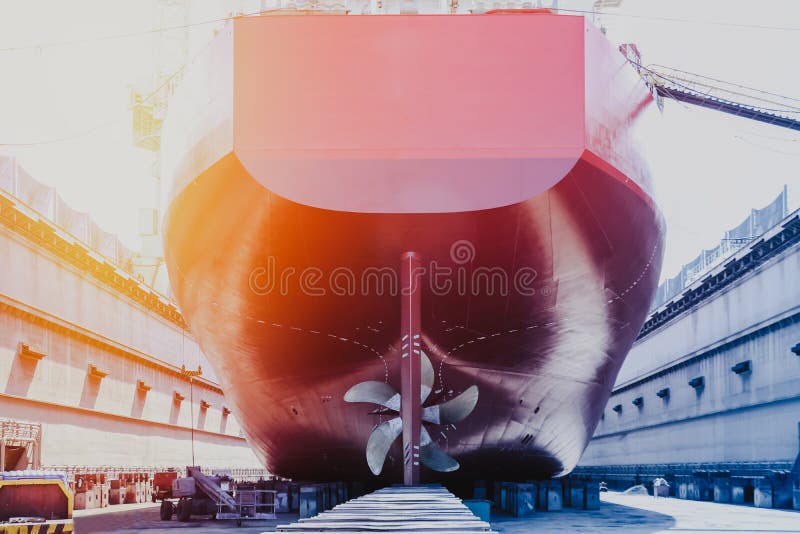Stern Ship with Propeller Rudder in Floating Dock. Stock Image - Image ...