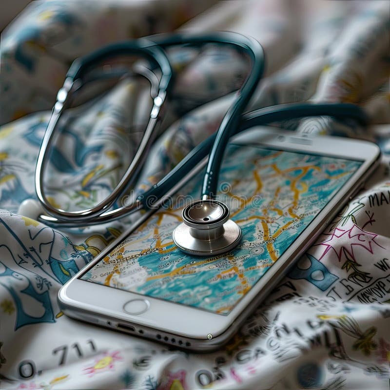 A Stethoscope on a Cellphone Surrounded by Tech Keywords Stock Photo ...