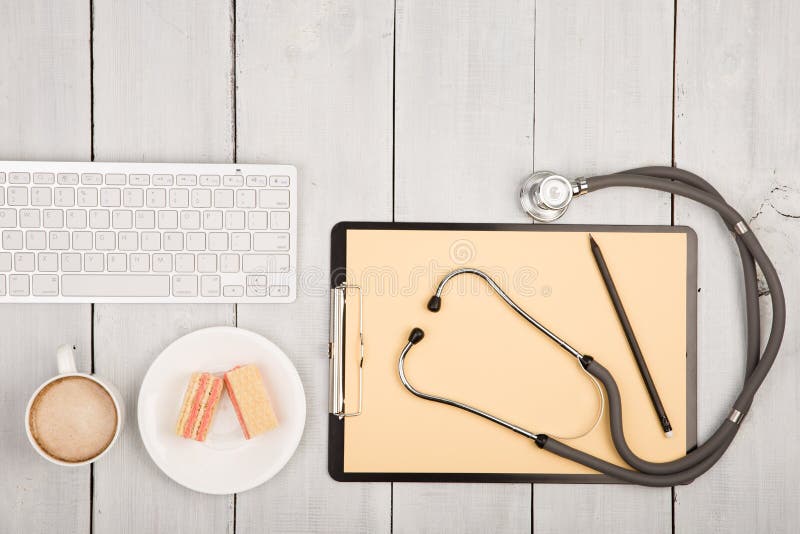 Stethoscope, Clipboard, Keyboard of Computer, Cup of Coffee with ...