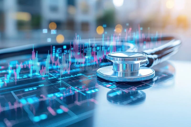 Stethoscope on Digital Medical Data Display with Graphs and City ...