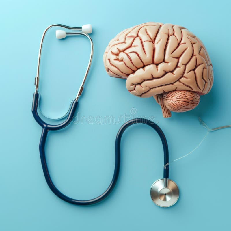 Stethoscope Examining Human Brain Model on Blue Background Stock Photo ...