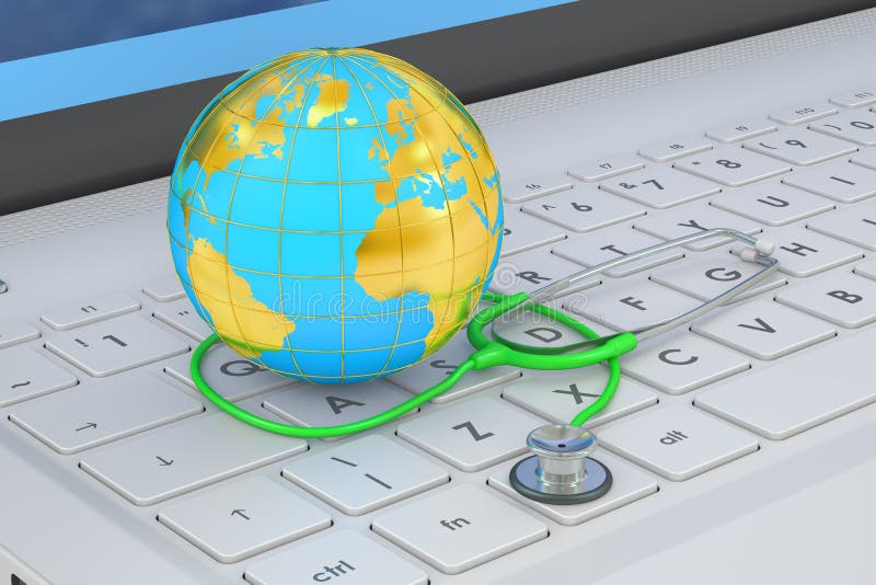 Stethoscope and Globe on Laptop Keyboard, 3D Rendering Stock ... Stethoscope and Globe on Laptop Keyboard, 3D Rendering Stock ...