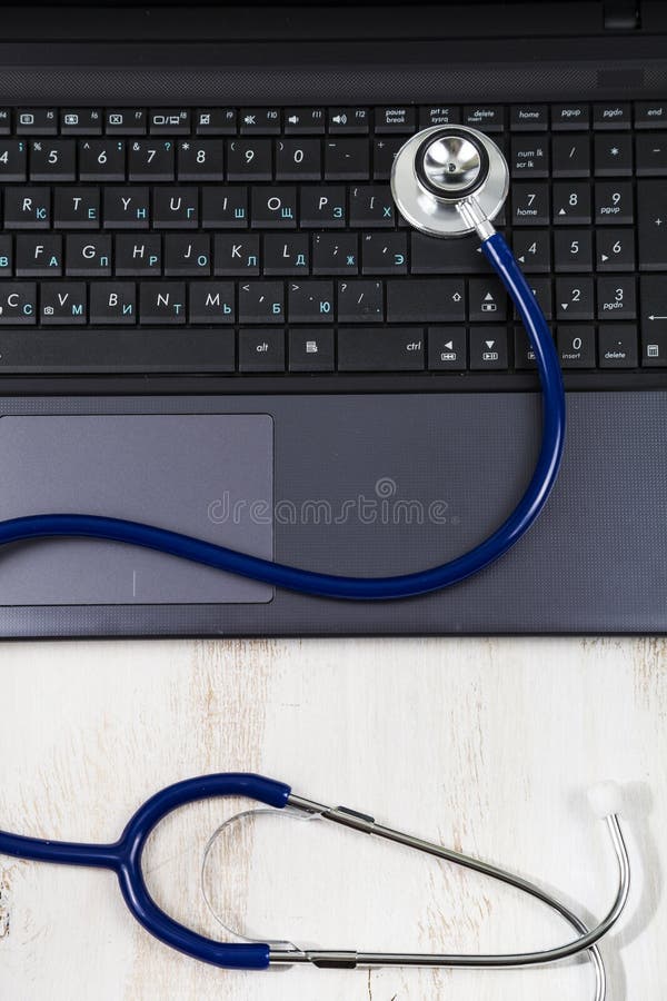 Stethoscope on a laptop stock photo. Image of close, hospital - 91765108