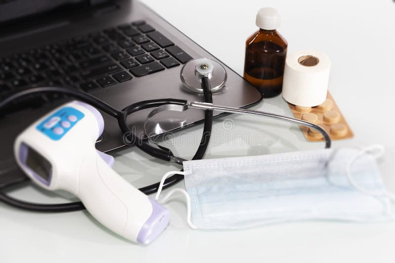 Stethoscope in the Office of Doctors.Top View of Doctor`s Desk Table ...
