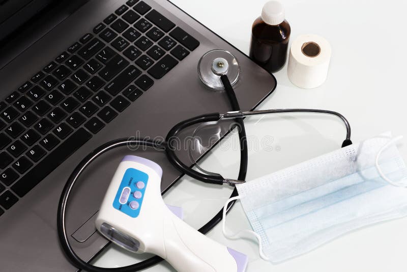 Stethoscope in the Office of Doctors.Top View of Doctor`s Desk Table ...