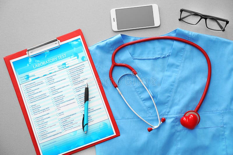 Stethoscope with Phone, Laboratory Test and Blue Doctor S Uniform on ...