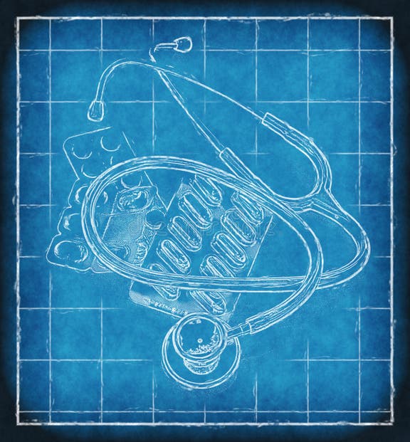 Stethoscope and Pills on Blueprint Stock Illustration - Illustration of ...