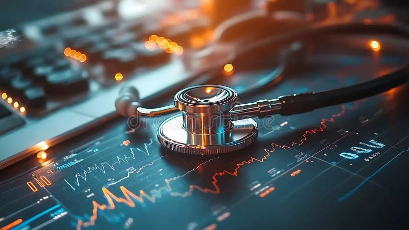 Stethoscope on Digital Health Data and EKG Monitoring System Stock ...