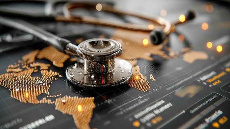 Stethoscope Placed on a Digital World Map Interface with Data Points ...