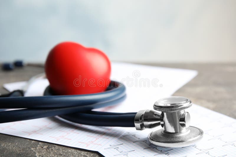 Red Heart and Cardiogram on Wooden Table, Top View. Stock Image - Image ...