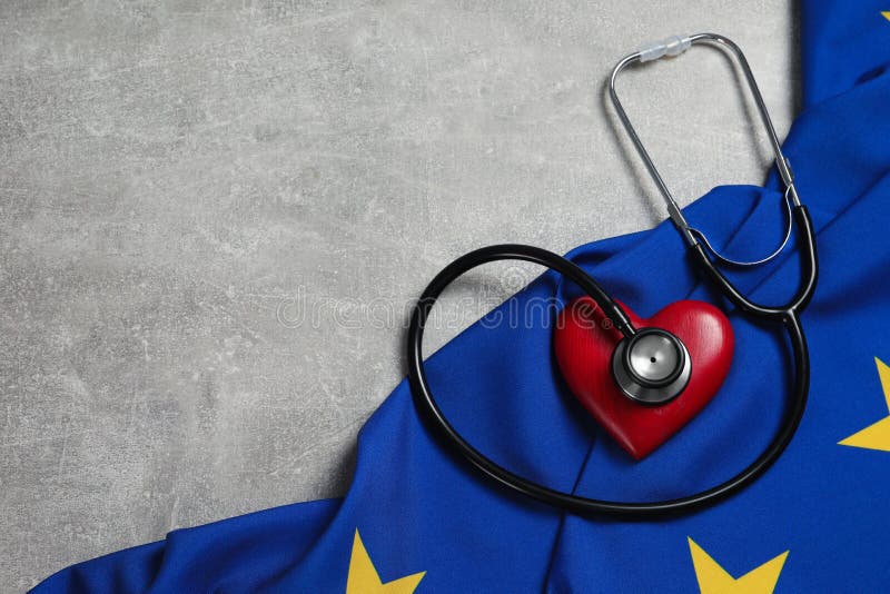 Stethoscope, Red Heart and Flag of European Union on Light Grey Table ...