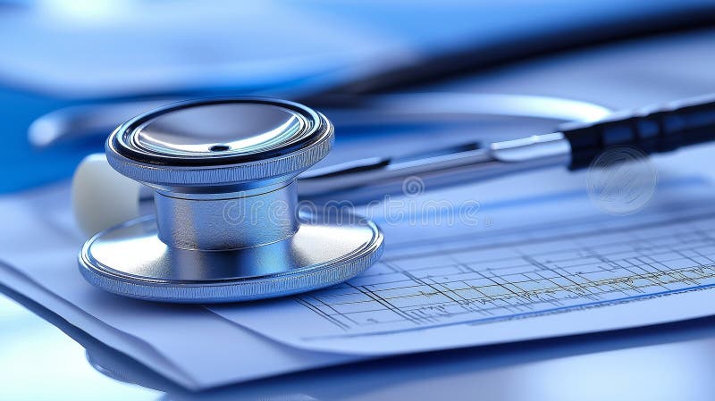 Stethoscope Resting on a Reflective Surface in a Clinical Setting Stock ...