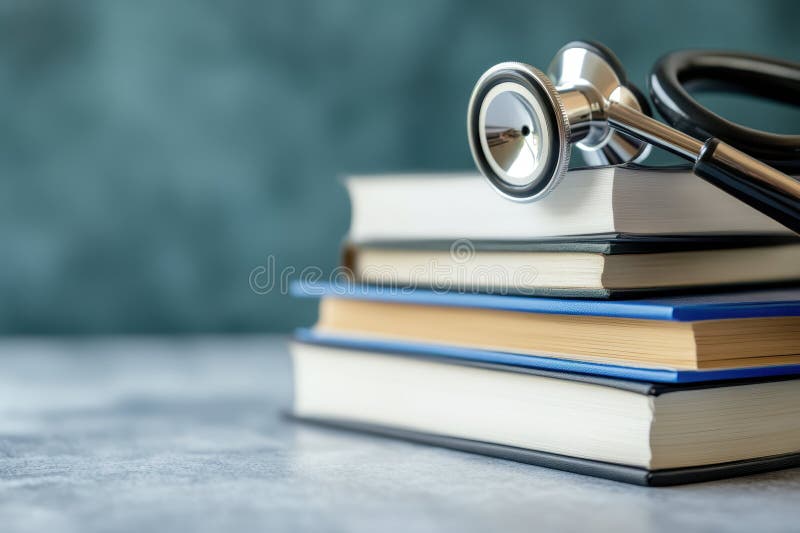 Stethoscope Resting on a Stack of Medical Textbooks in a Study Space at ...