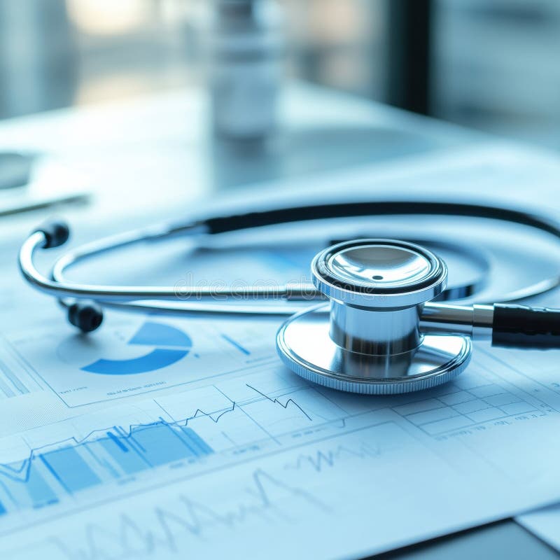 Medical Equipment Laying on a Report with Graphs and Statistics in a ...