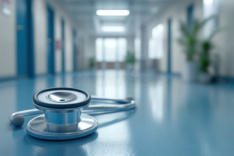 A Stethoscope Rests on the Smooth Floor while Hospital Doors and Potted ...