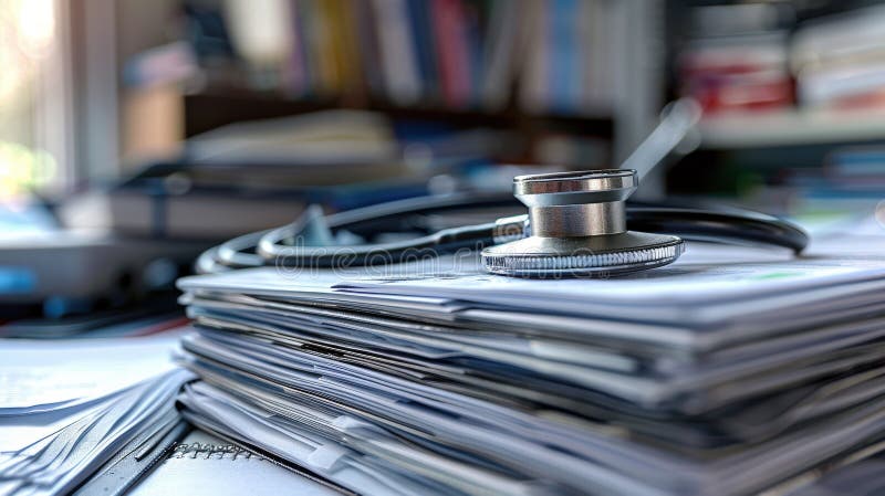 Close Up of Stethoscope on Medical Files in Busy Office Environment ...