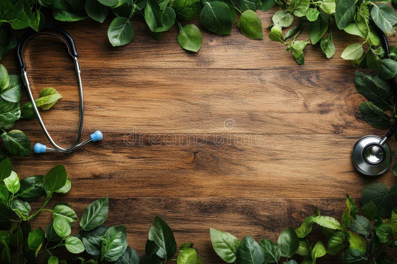 A Stethoscope Surrounded by Fresh Green Leaves on a Wooden Surface in a ...