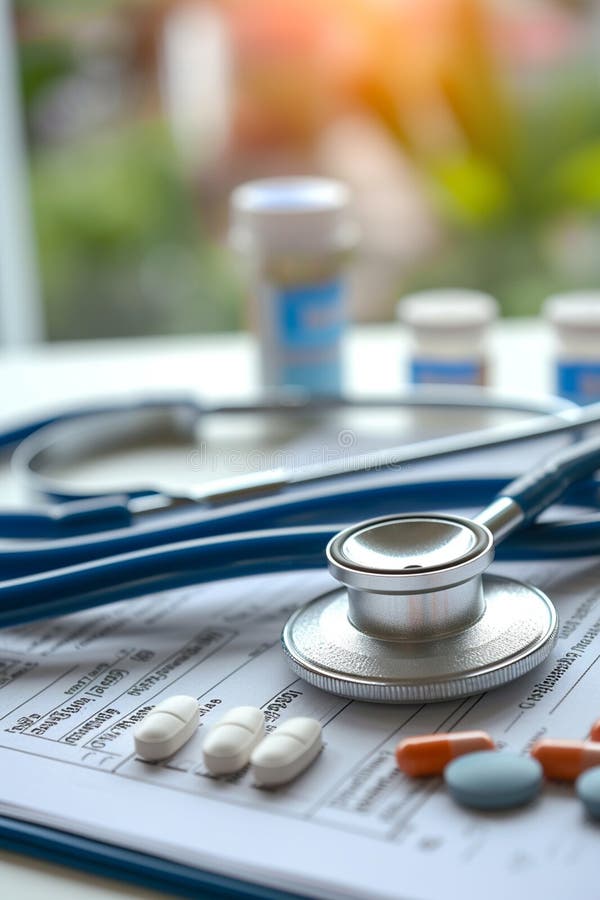 Stethoscope on Table with Medical Document and Pills Stock Photo ...