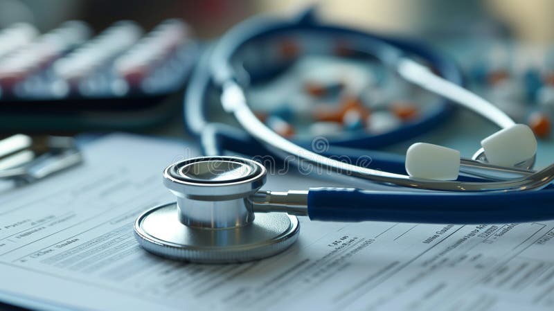 Stethoscope on Table with Medical Document and Pills Stock Image ...
