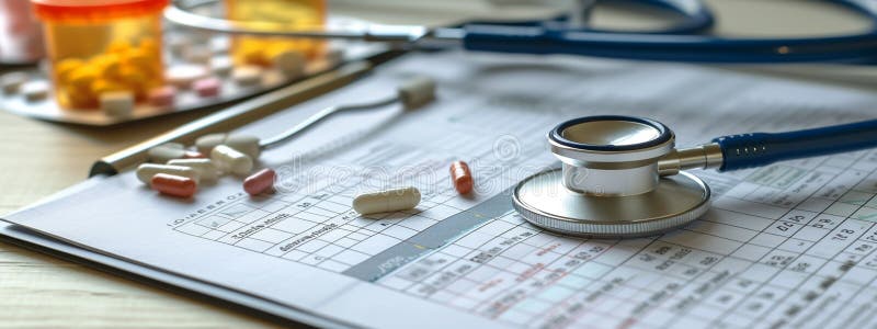 Stethoscope on Table with Medical Document and Pills Stock Image ...