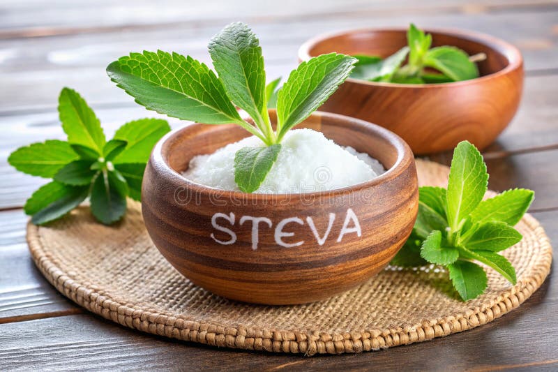 Stevia Leaves with White Sugar in a Rustic Brown Bowl on White ...